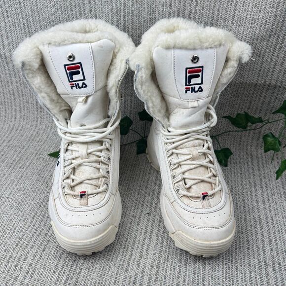 Fila | Shoes | Fila Womens Disruptor Boot Fur Off White Lace Up Fur Lining Boots Size 75 | Poshmark